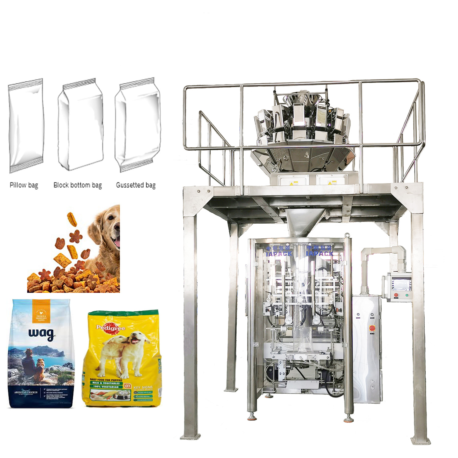 Automatic vertical bag forming filling sealing packing machine for Pet food - IAPACK